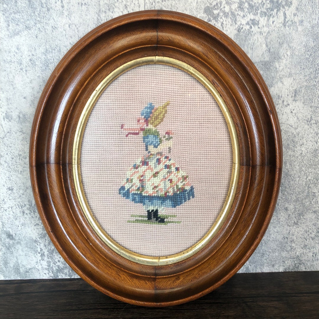 Vintage Needlepoint Embroidery Art Girl in Colorful Dress With Flowers ...
