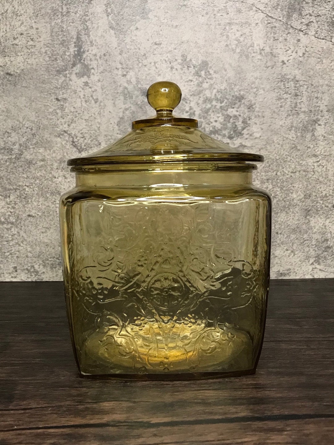 Vintage Federal Glass Golden Yellow Canister: Embossed Apothecary Jar ...