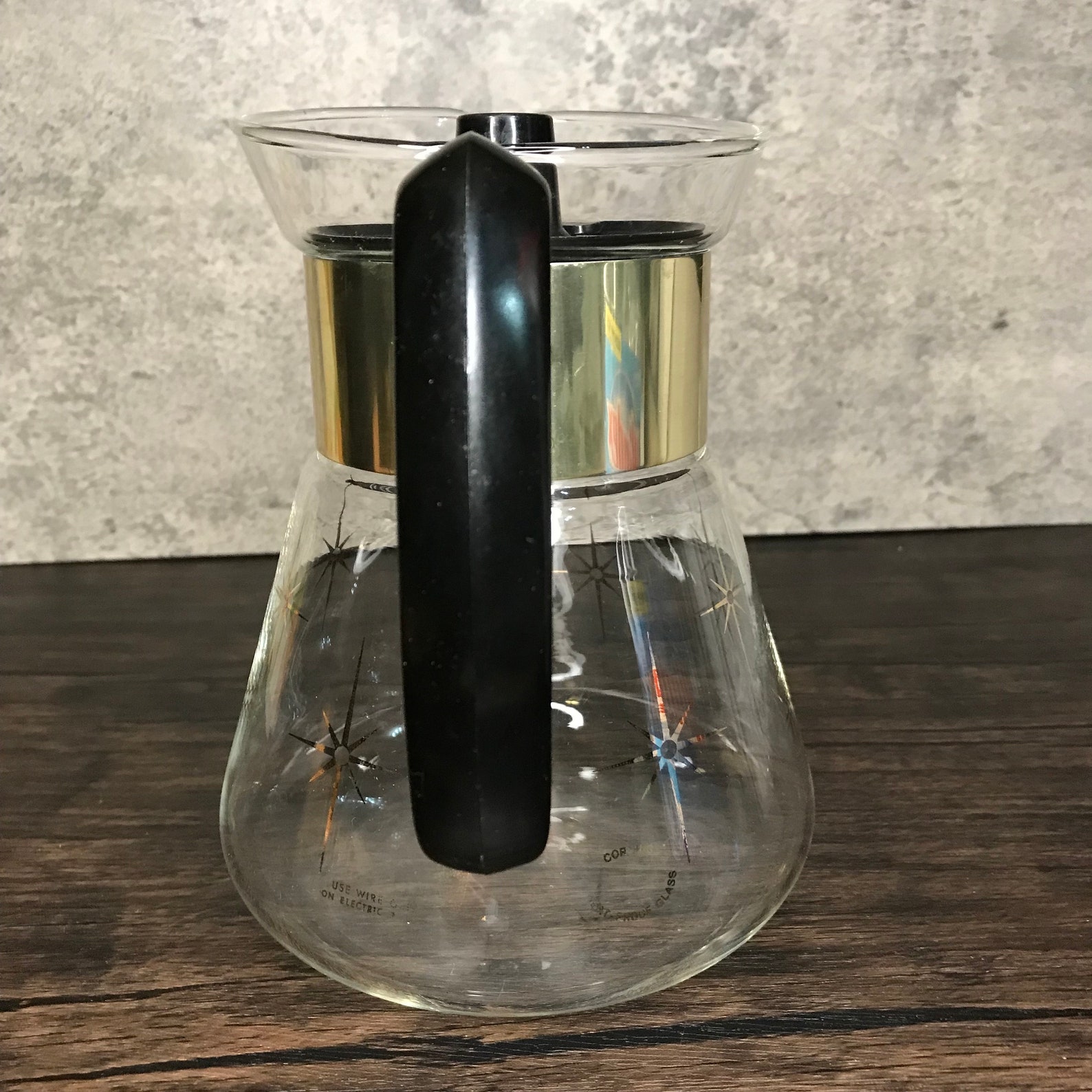 Vintage Pyrex Corningware Clear Glass Gold Atomic Starburst Coffee Pot ...