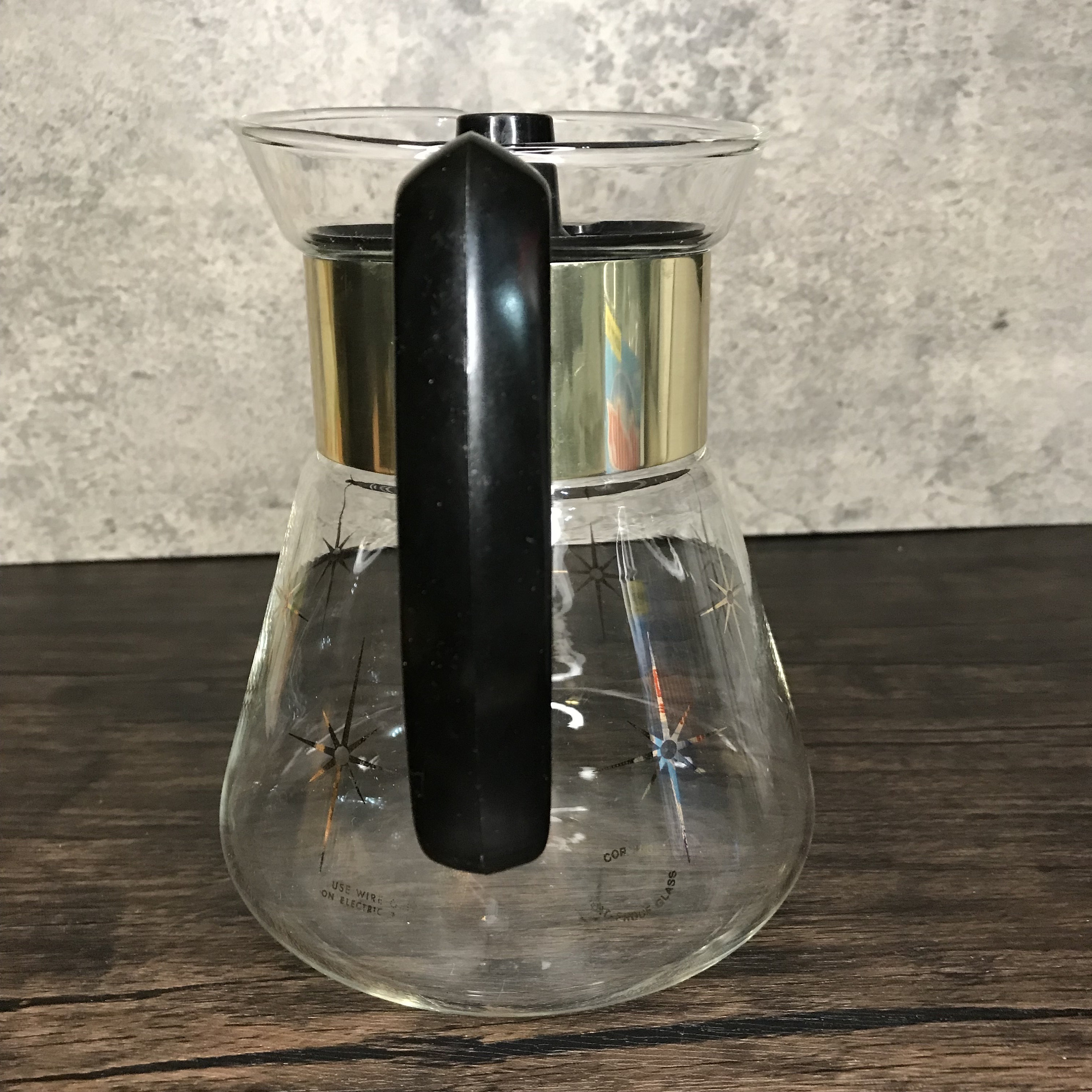 Vintage Pyrex Corningware Clear Glass Gold Atomic Starburst Coffee Pot ...