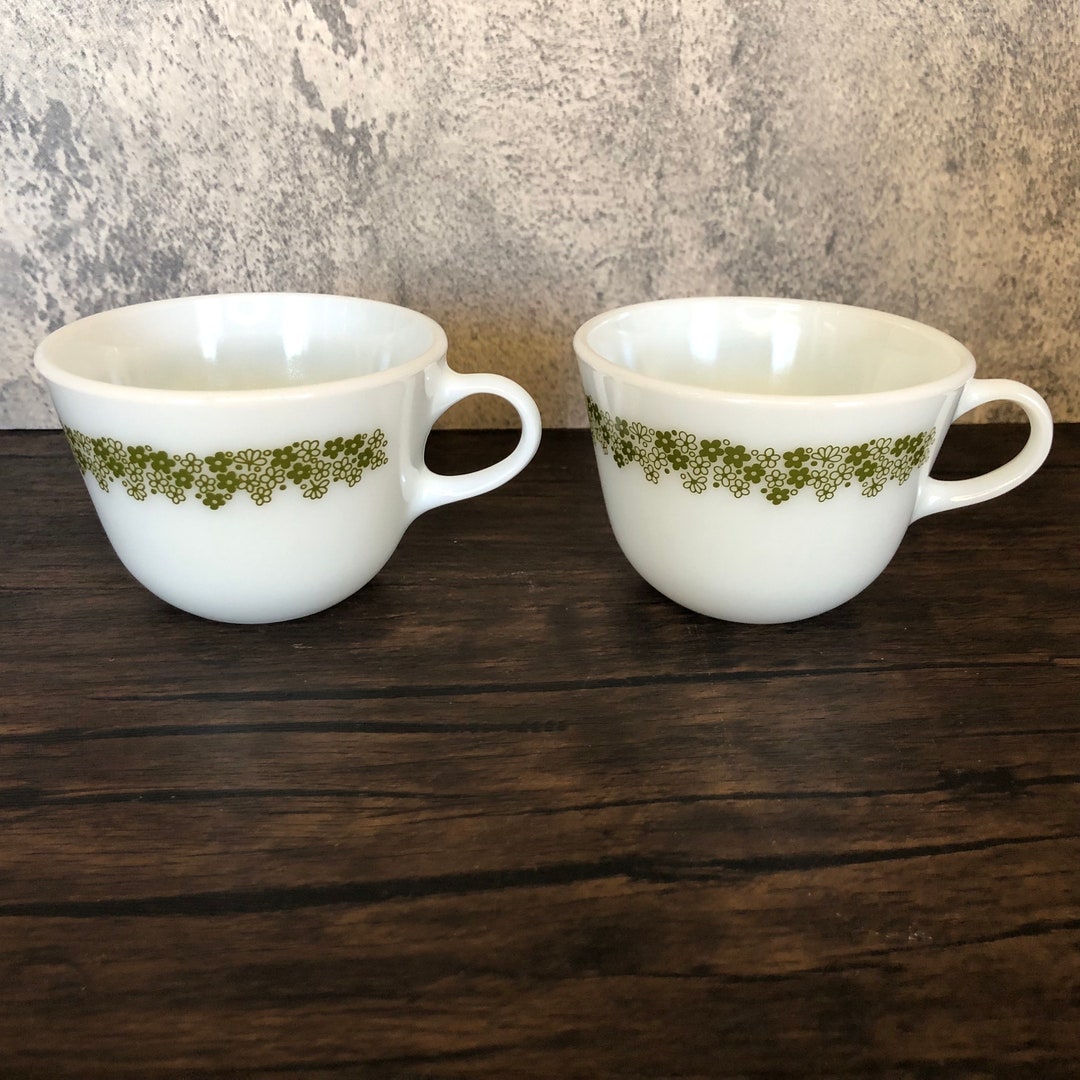 Vintage Pyrex Mugs: White Milk Glass With Green Spring Blossom, Set of ...