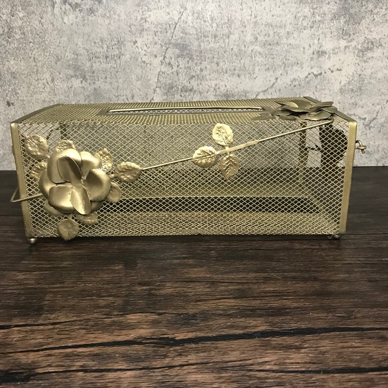 Vintage Ornate Gold Toned Metal Mesh Tissue Box Footed With Metal Rose ...