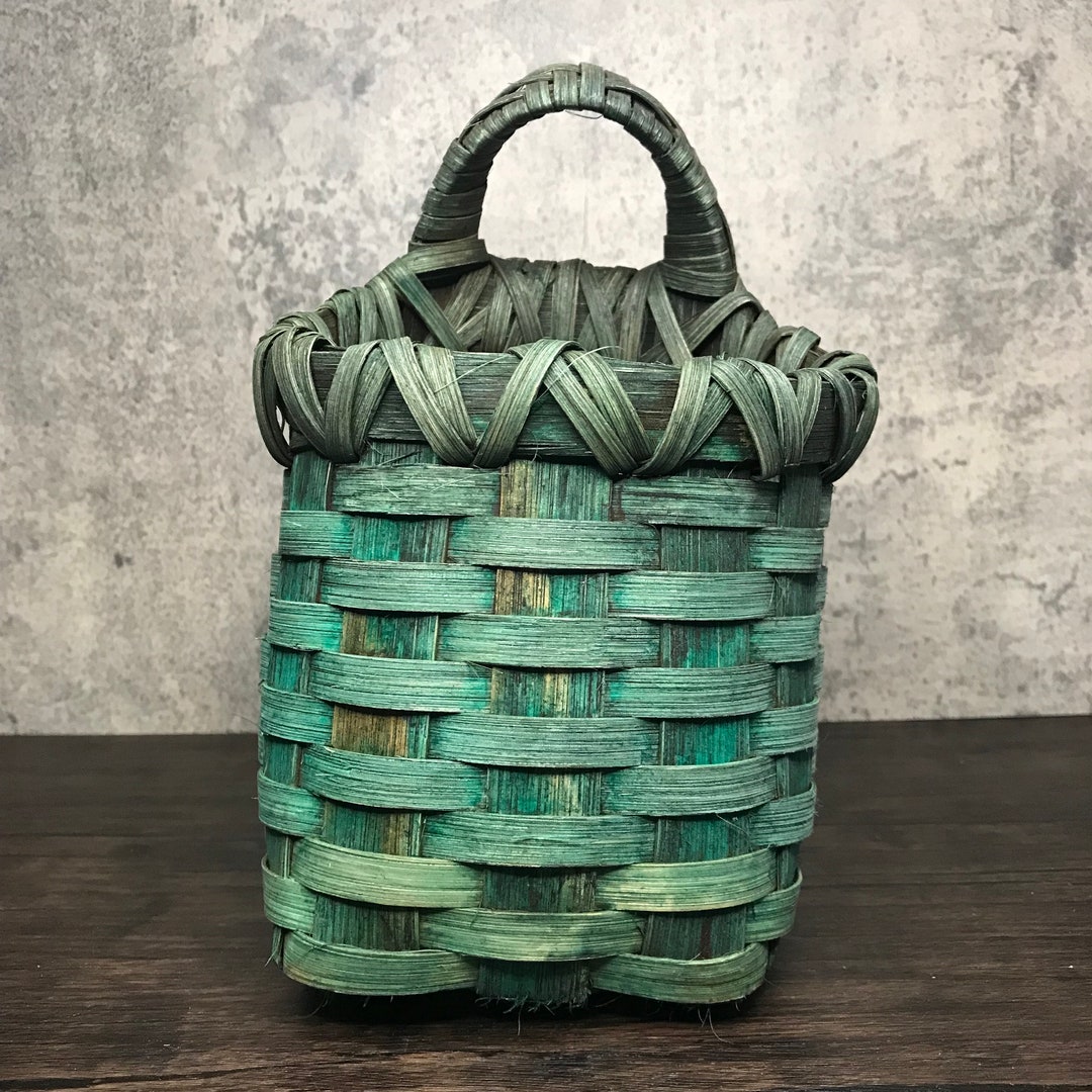 Vintage Woven Wicker Emerald Green Wall Pocket Split Oak Wood Basket ...