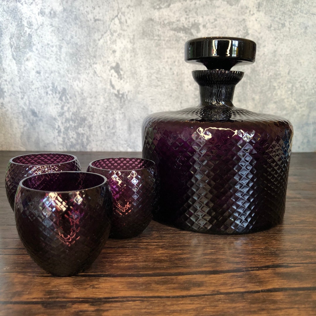 Vintage Amethyst Purple Decanter Set: Handblown Diamond Crosshatch ...