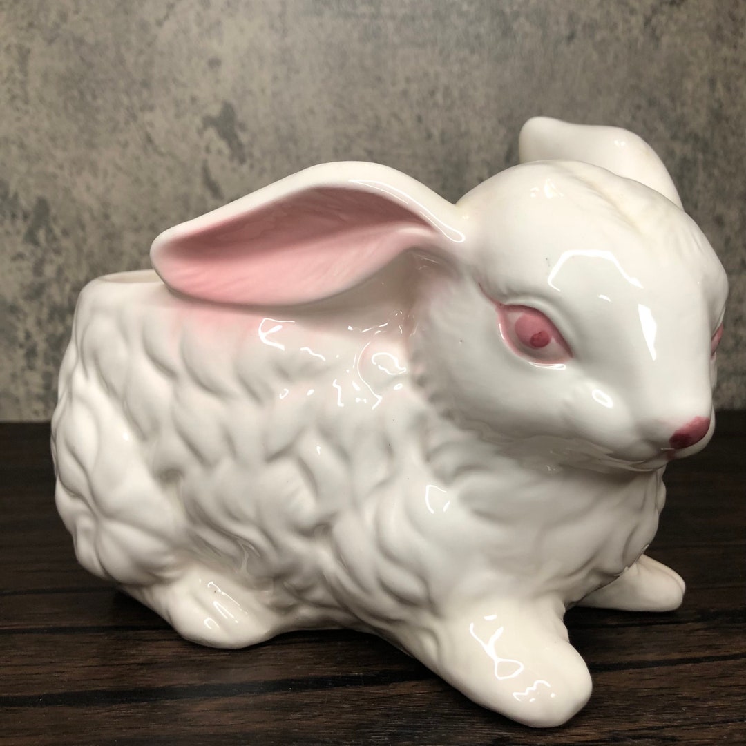 Vintage Ceramic Bunny Planter: White Porcelain Figurine, Pink Accents ...