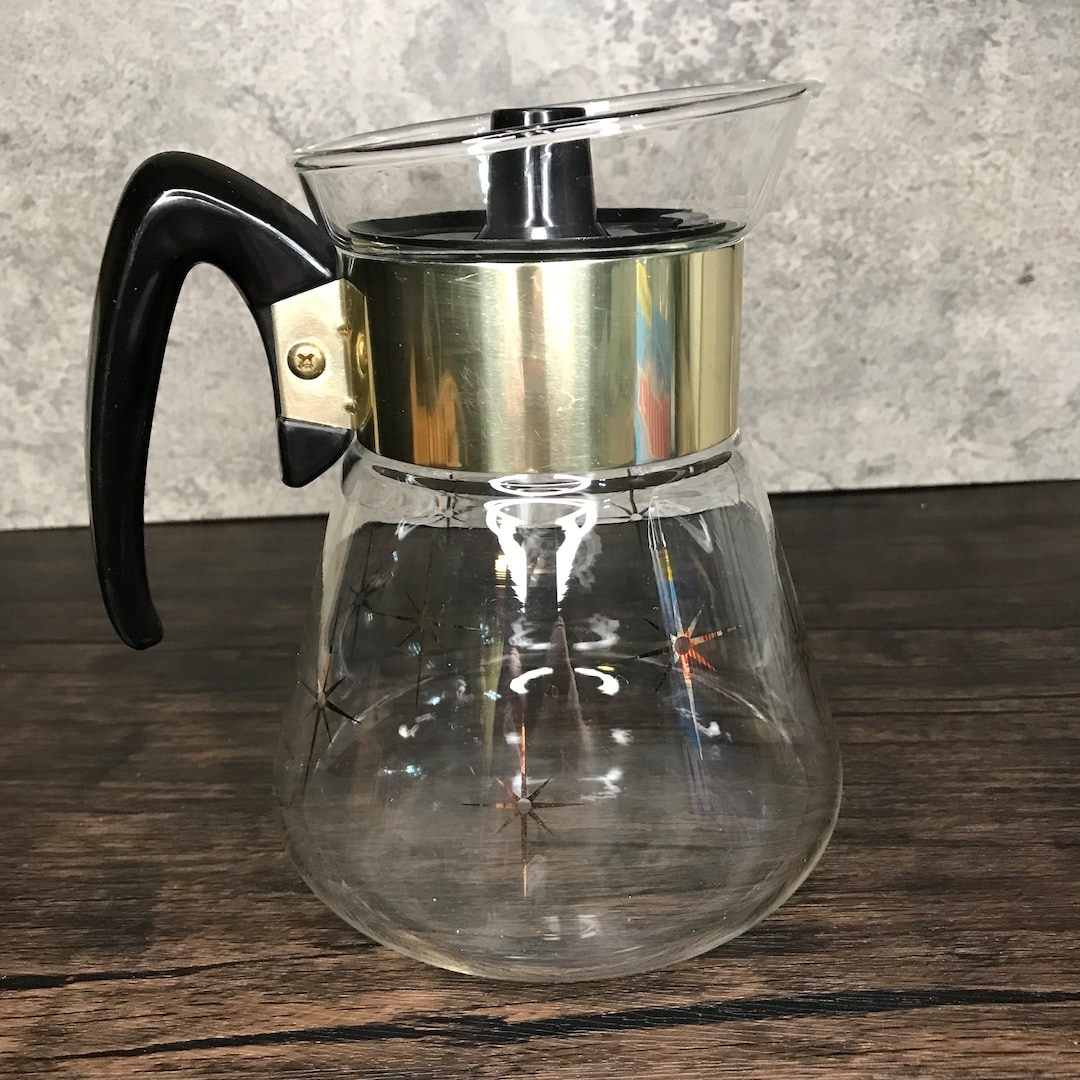 Vintage Pyrex Corningware Clear Glass Gold Atomic Starburst Coffee Pot ...