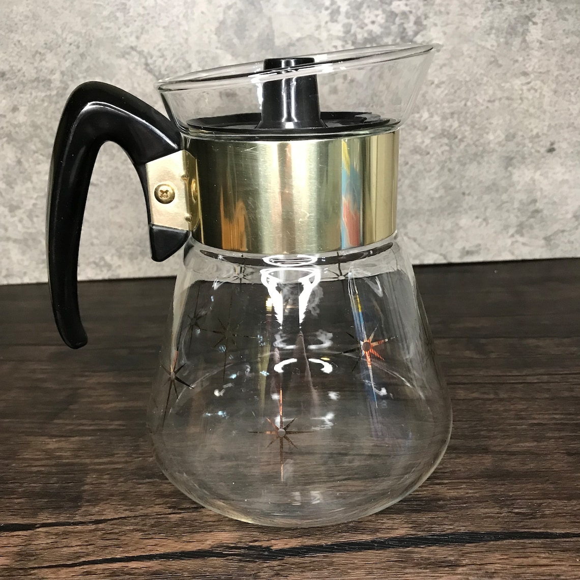 Vintage Pyrex Corningware Clear Glass Gold Atomic Starburst Coffee Pot ...