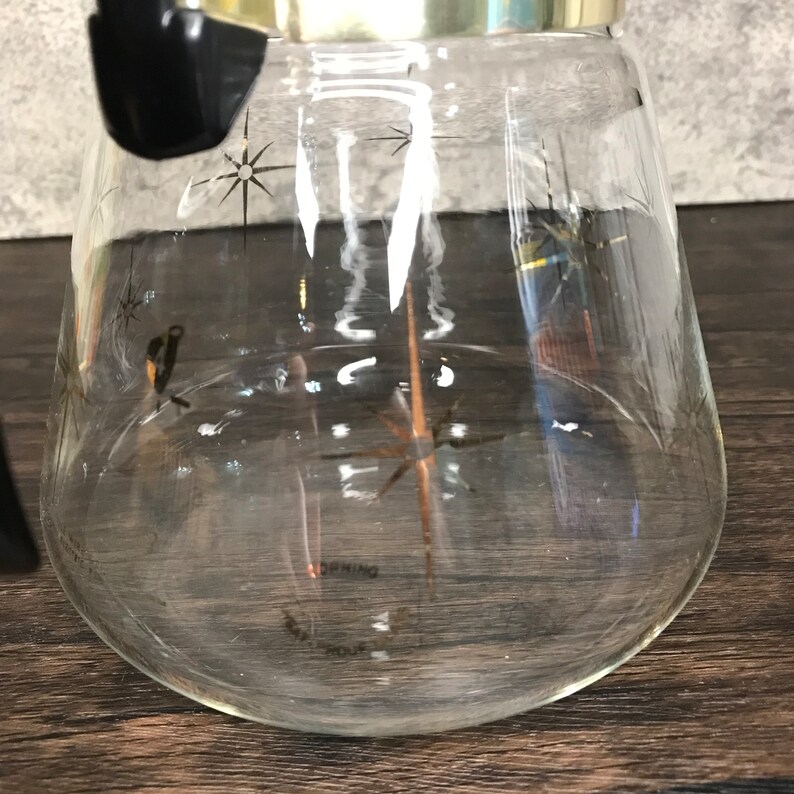 Vintage Pyrex Corningware Clear Glass Gold Atomic Starburst Coffee Pot ...