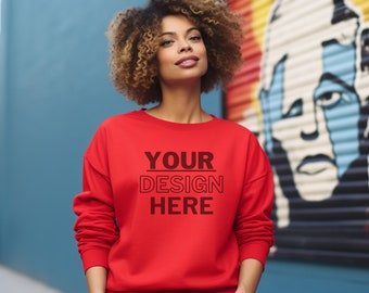 Gildan 18000 Red Sweatshirt Mockup G180 Red Crewneck Mockup Model Mock ...