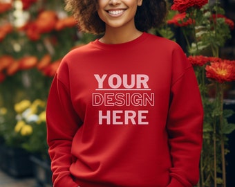 Gildan 18000 Red Sweatshirt Mockup G180 Red Crewneck Mockup Model Mock ...