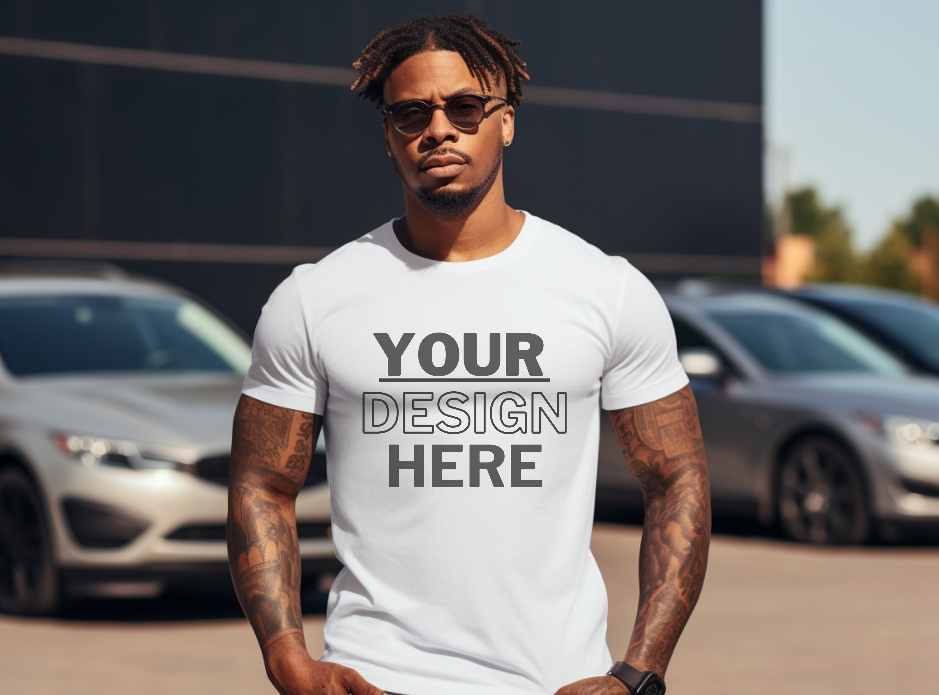 Realistic Black Male Model Mockup White Bella Canvas 3001 Mockup ...