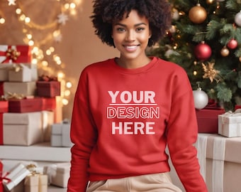 Gildan 18000 Red Sweatshirt Mockup G180 Red Crewneck Mockup Model Mock ...