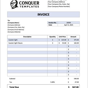 Fully Customizable Invoice Template Excel - Etsy