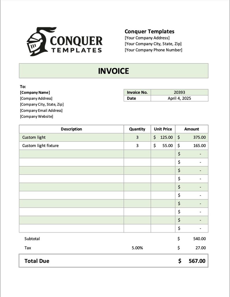 Fully Customizable Invoice Template Excel - Etsy