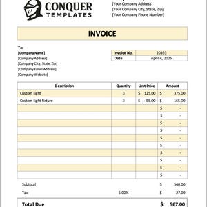 Fully Customizable Invoice Template Excel - Etsy