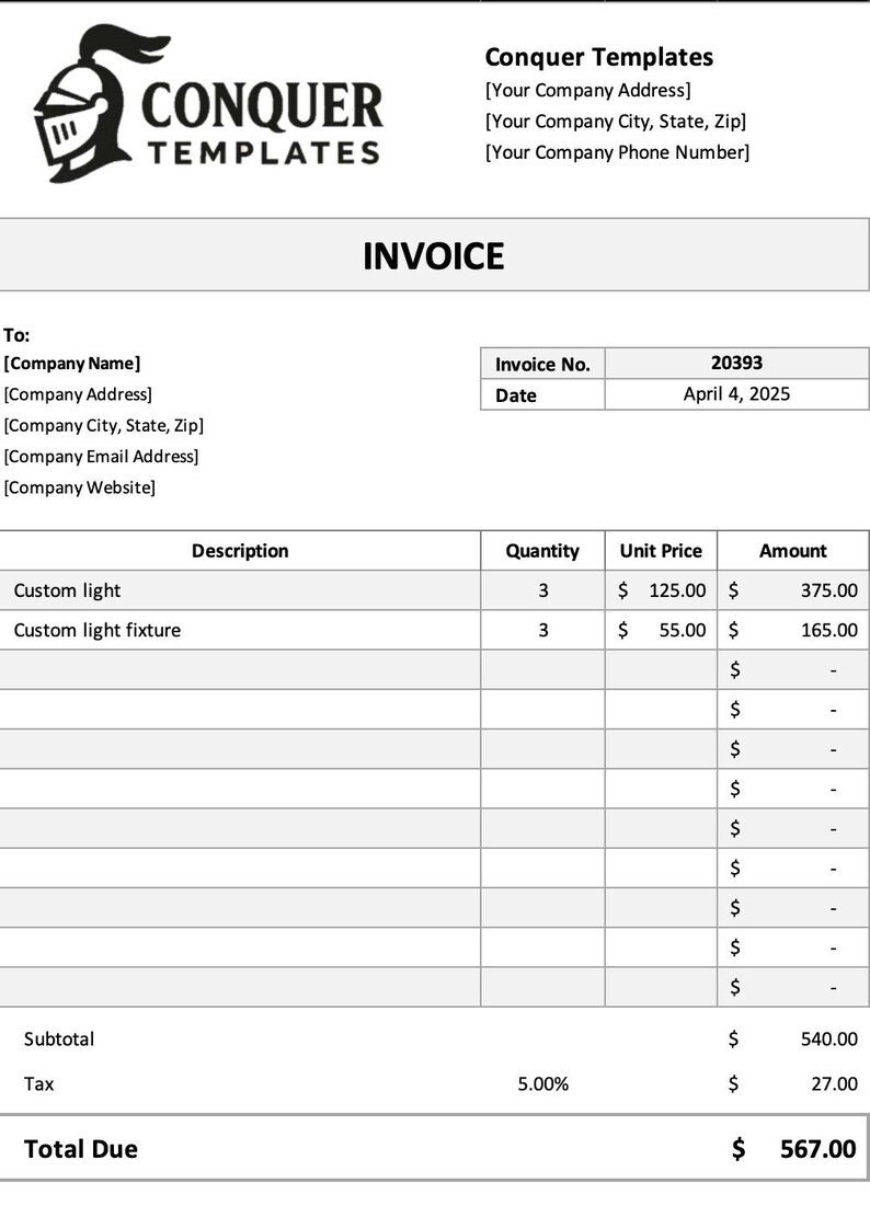 Fully Customizable Invoice Template Excel - Etsy