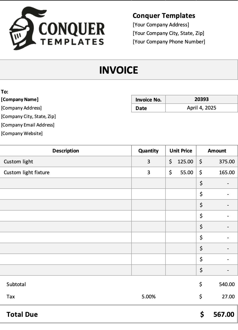 Fully Customizable Invoice Template Excel - Etsy