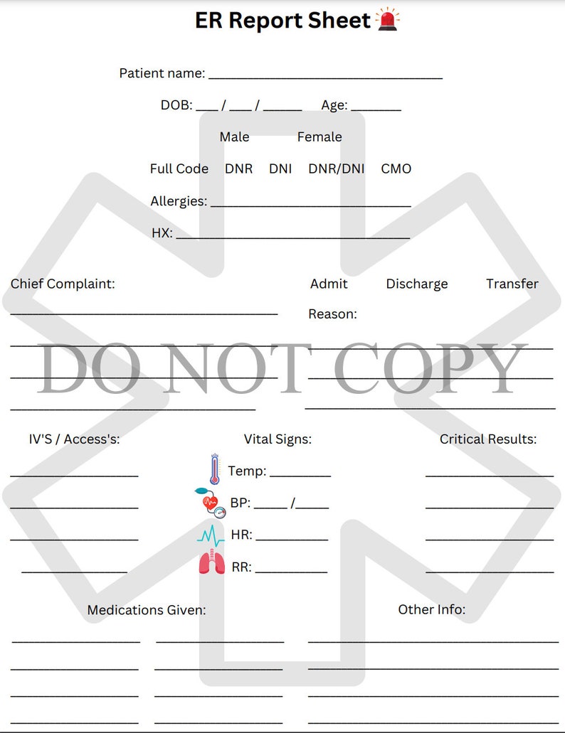 Simple ER Nurse Report Sheet, Nurse Handoff Report, Emergency Nursing ...