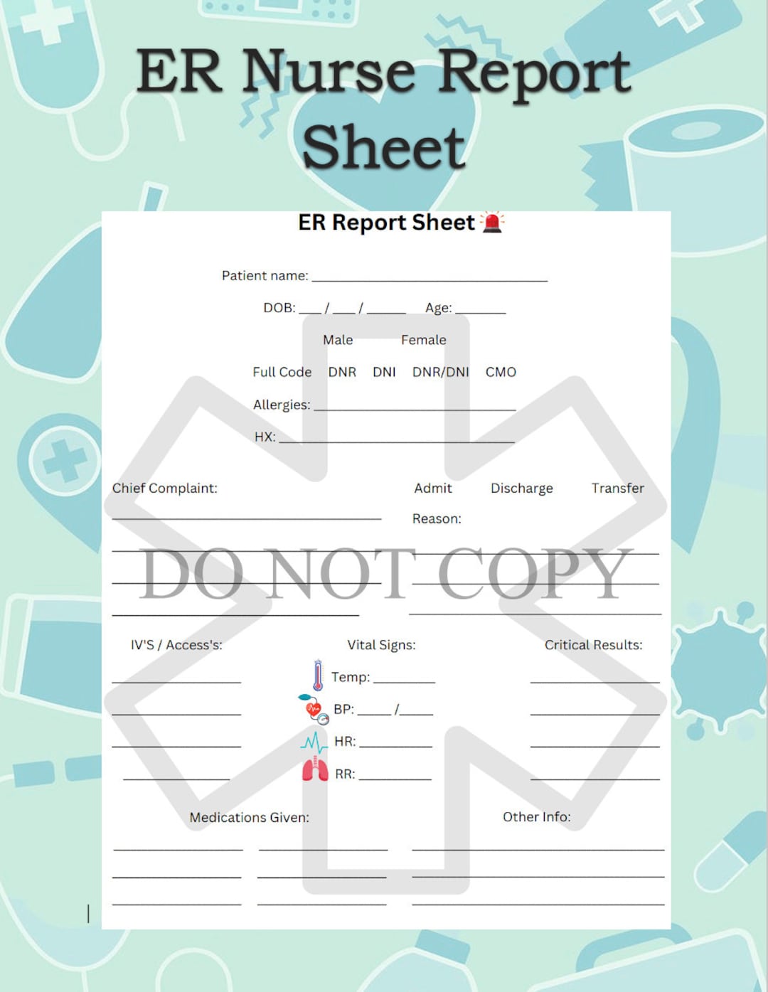Simple ER Nurse Report Sheet, Nurse Handoff Report, Emergency Nursing ...