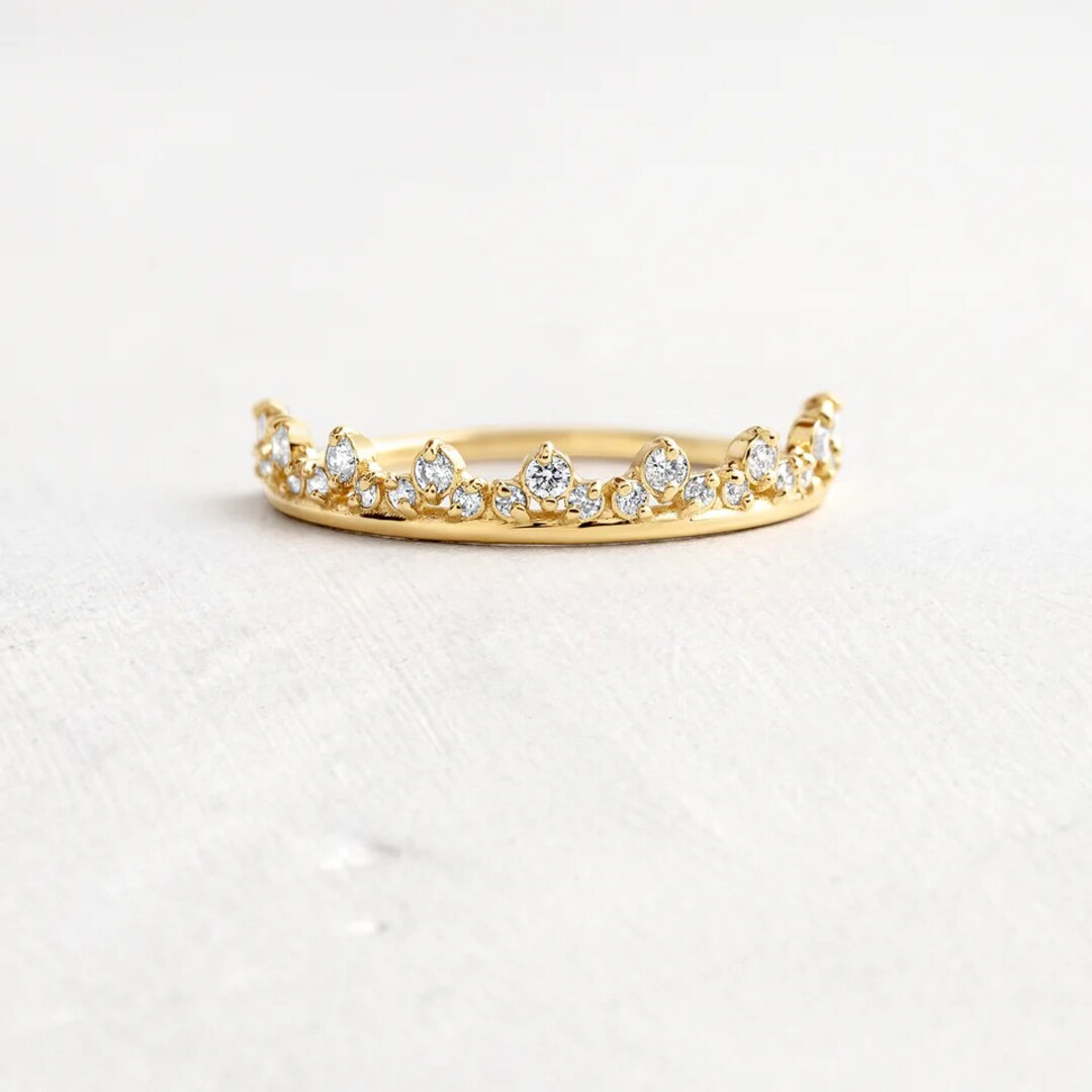 Crwon Moissanite Diamond Engagement Ring 14K Yellow Gold Bridal Ring ...