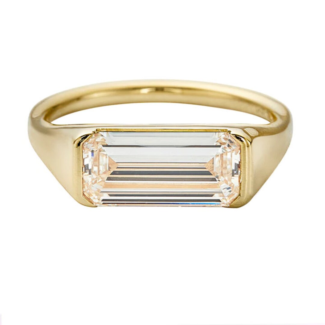 One Emerald Cut Half Bezel Accent Moissanite Diamond Engagement Ring ...