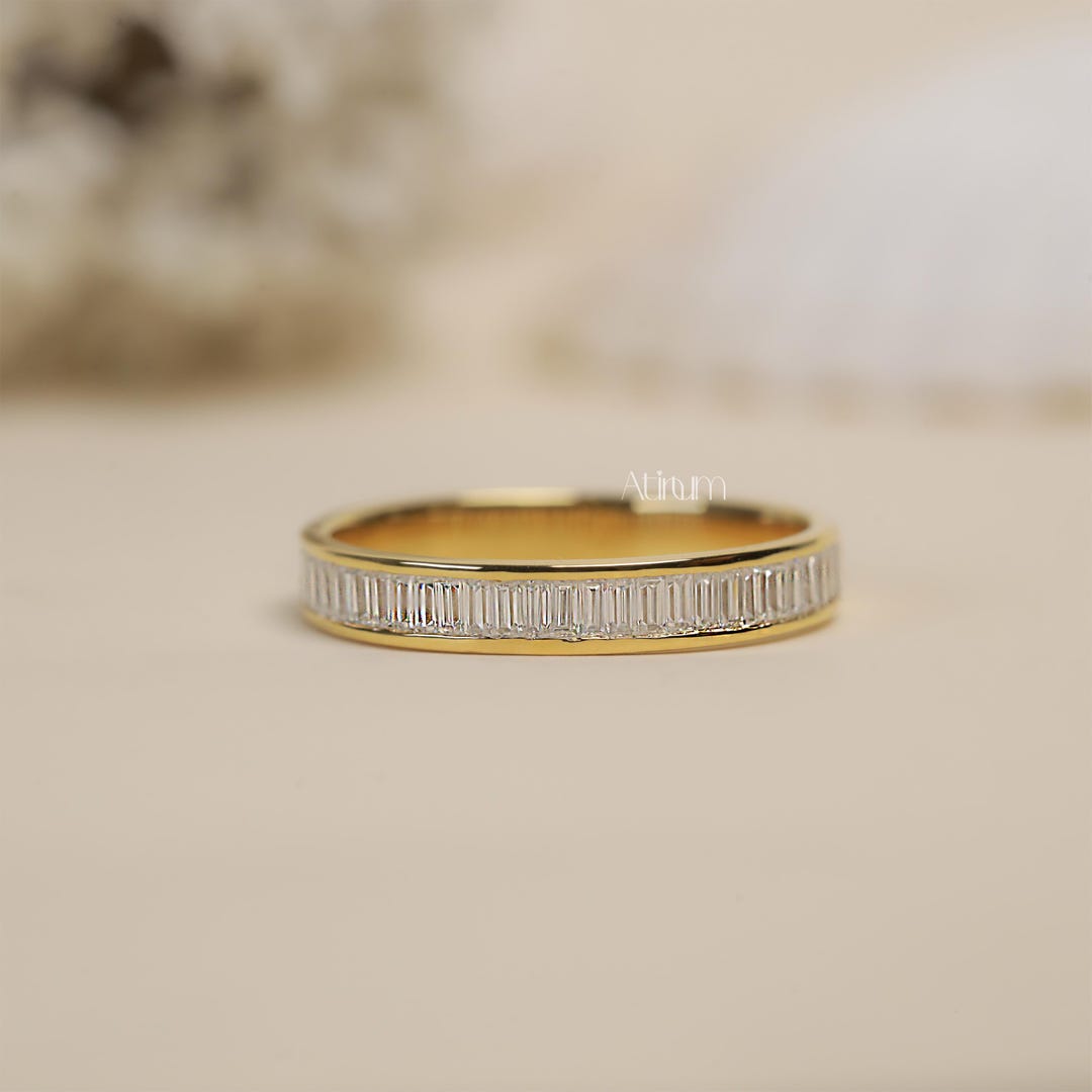 3.30 MM Wide Channel Set Baguette Ring, 14K Solid Gold Half Eternity ...