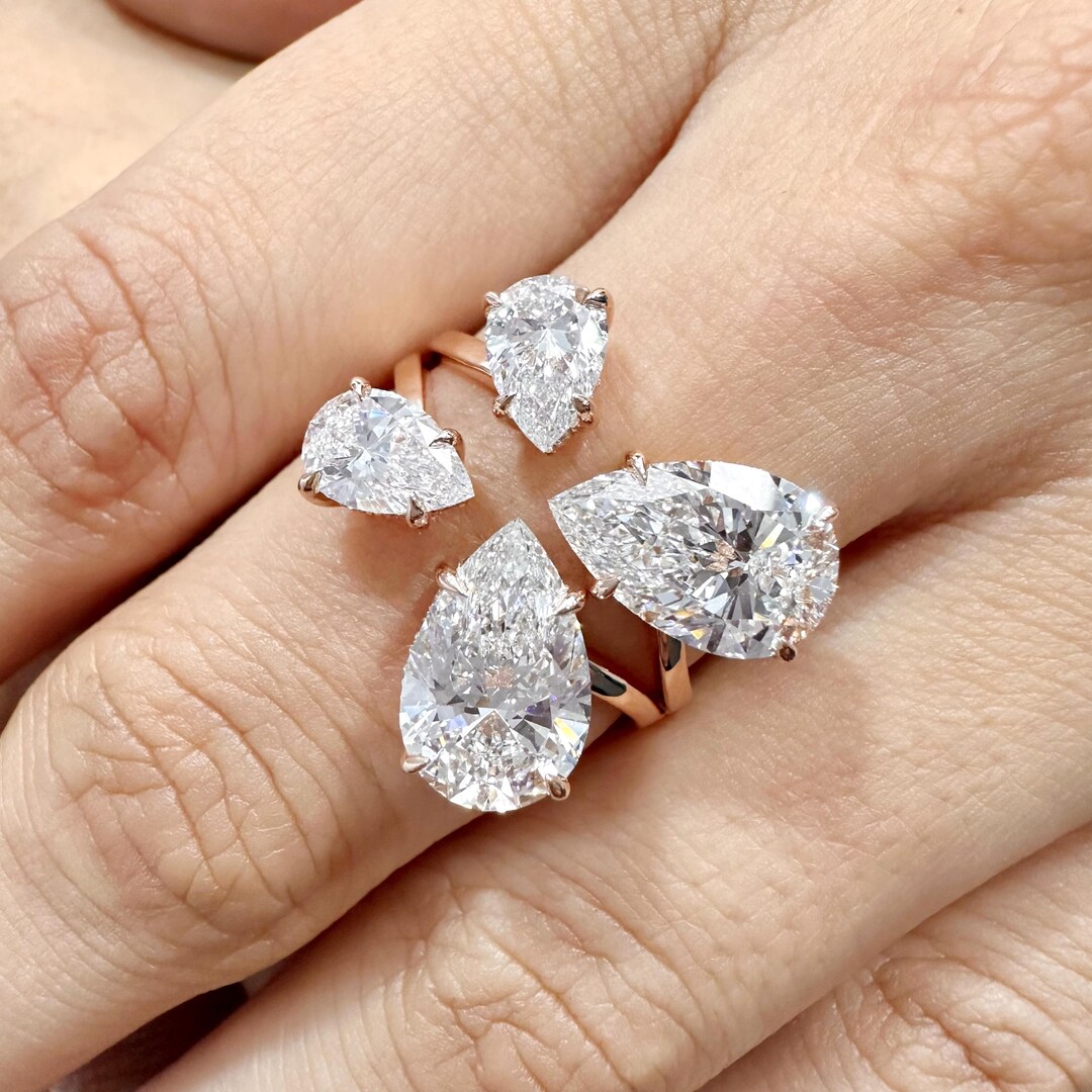 Diamond Open Engagement Ring Solid Gold Pear Open Cuff Ring Open Gap ...