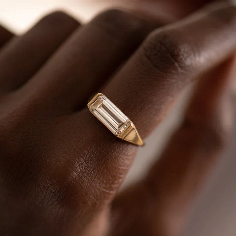 One Emerald Cut Half Bezel Accent Moissanite Diamond - Etsy