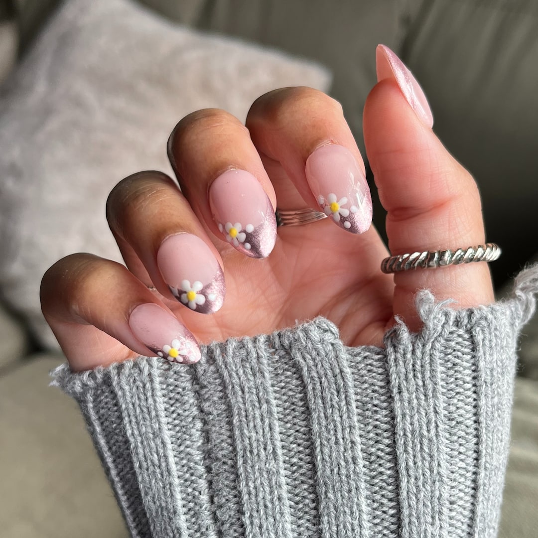 Custom Spring Press on Nails Spring Nails Chrome Nails Short Almond ...