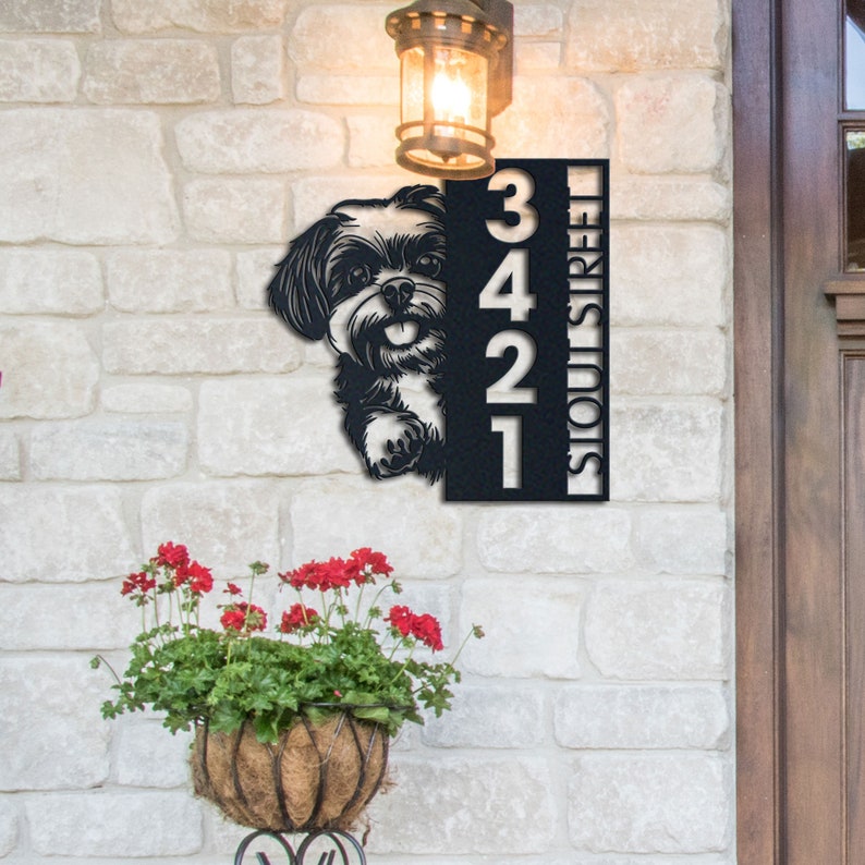 Shih Tzu Address Sign – Vertical Metal House Number Plaque for Outdoor ...