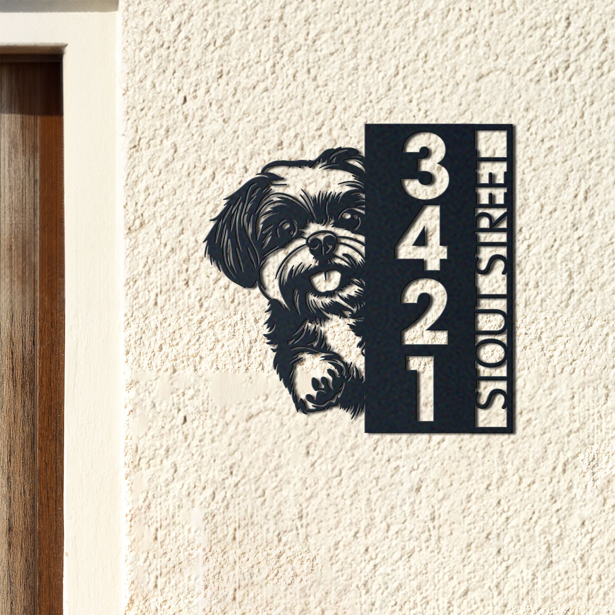 Shih Tzu Address Sign – Vertical Metal House Number Plaque for Outdoor ...
