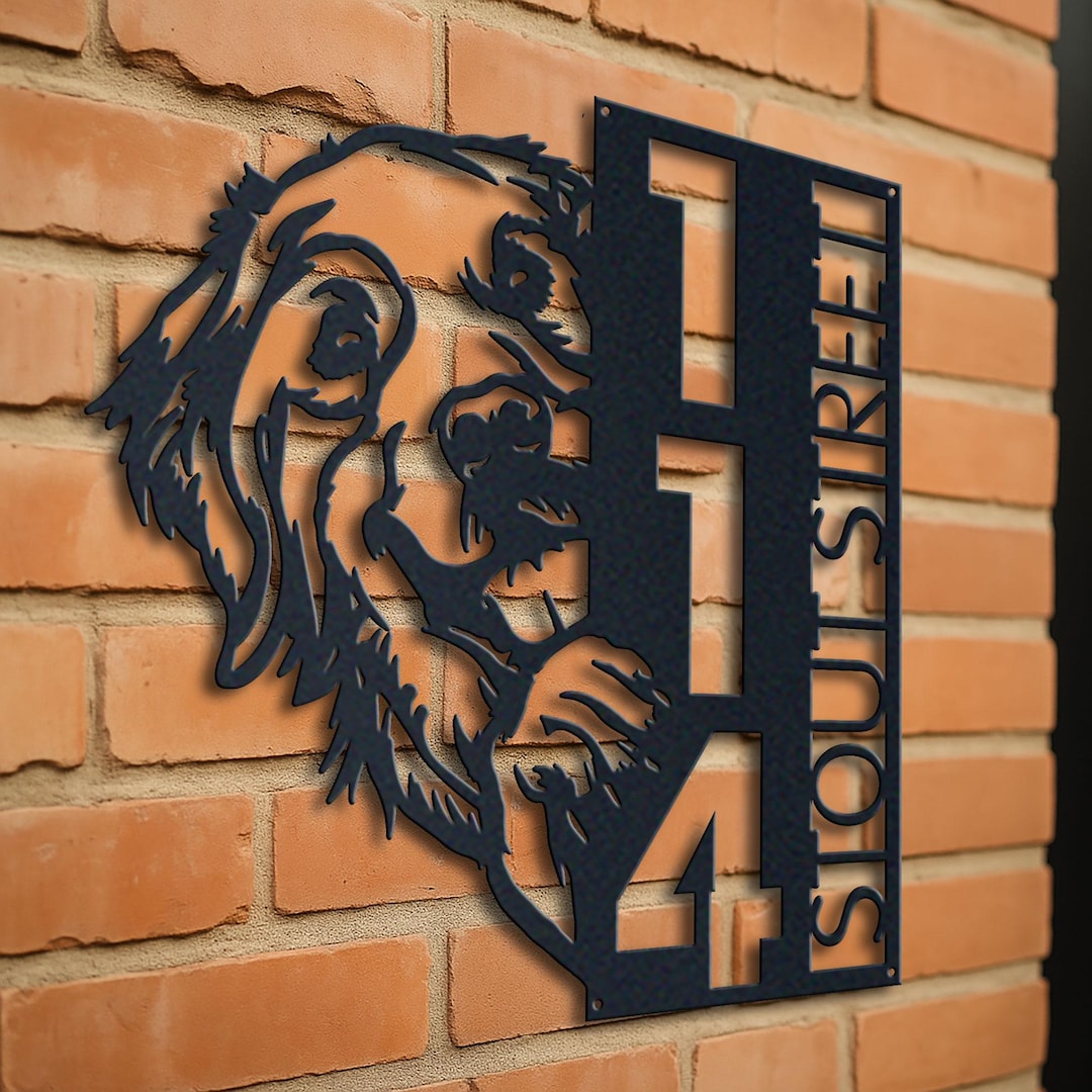 Golden Retriever Address Sign – Vertical Metal House Number Plaque for ...