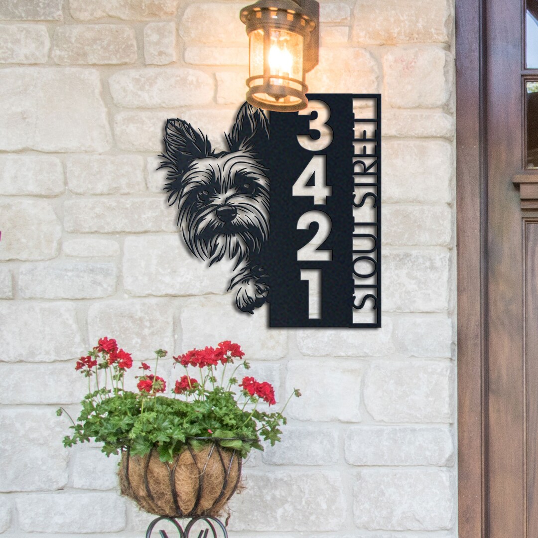 Yorkie Address Sign – Vertical Metal House Number Plaque for Outdoor ...