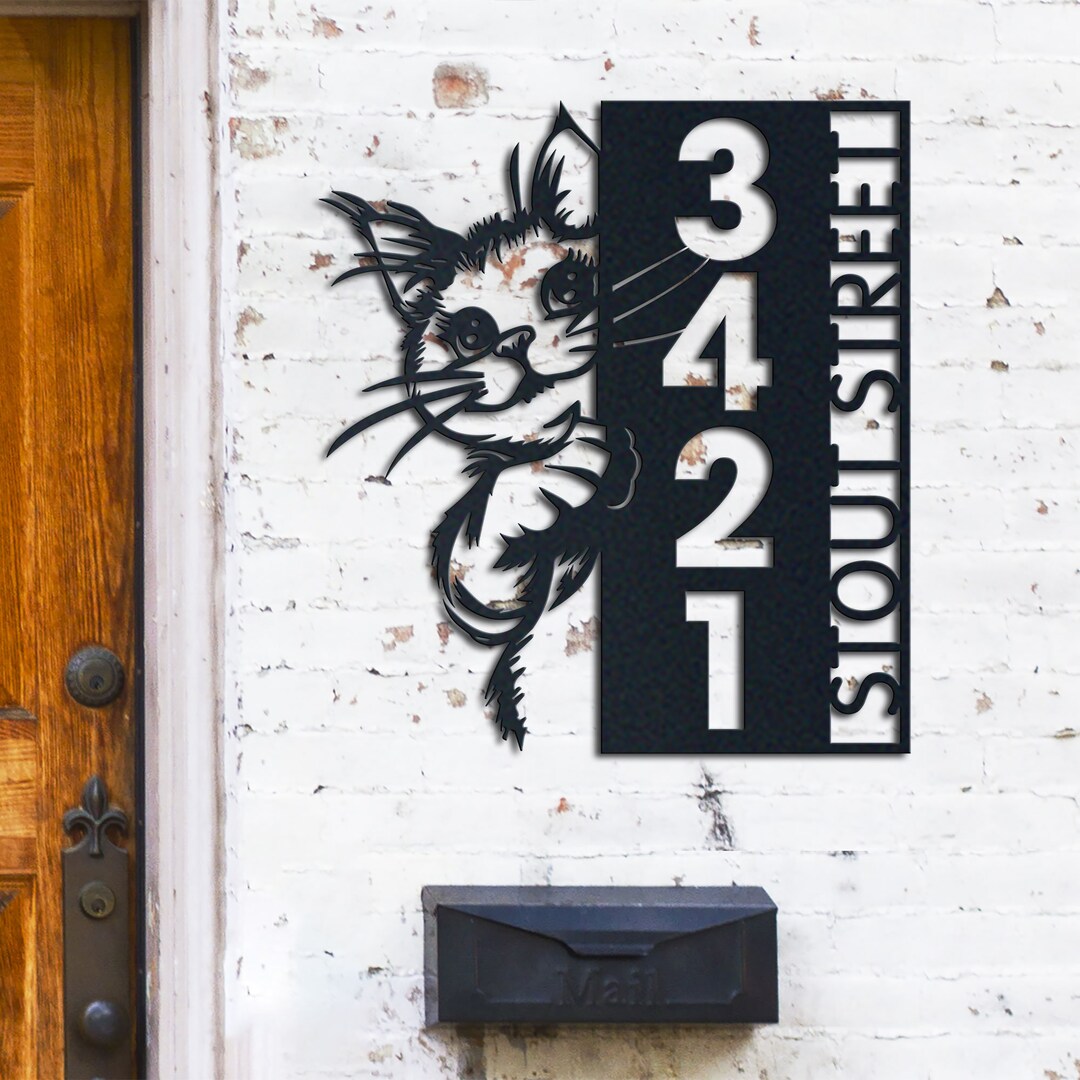 Whimsical Cat Address Sign – Vertical Metal House Number Plaque for ...