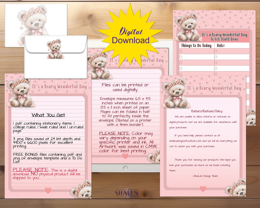 It's a Beary Wonderful Day, Teddy Bear 9x6 Stationery Set W/ Bonus ...
