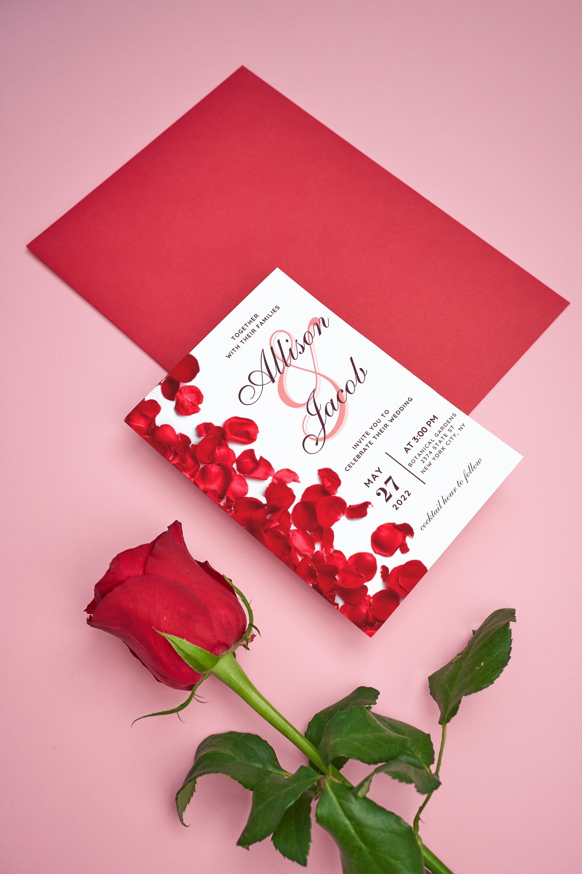 Red Rose Wedding Invitation Template Set, Romantic Invitation, Canva ...