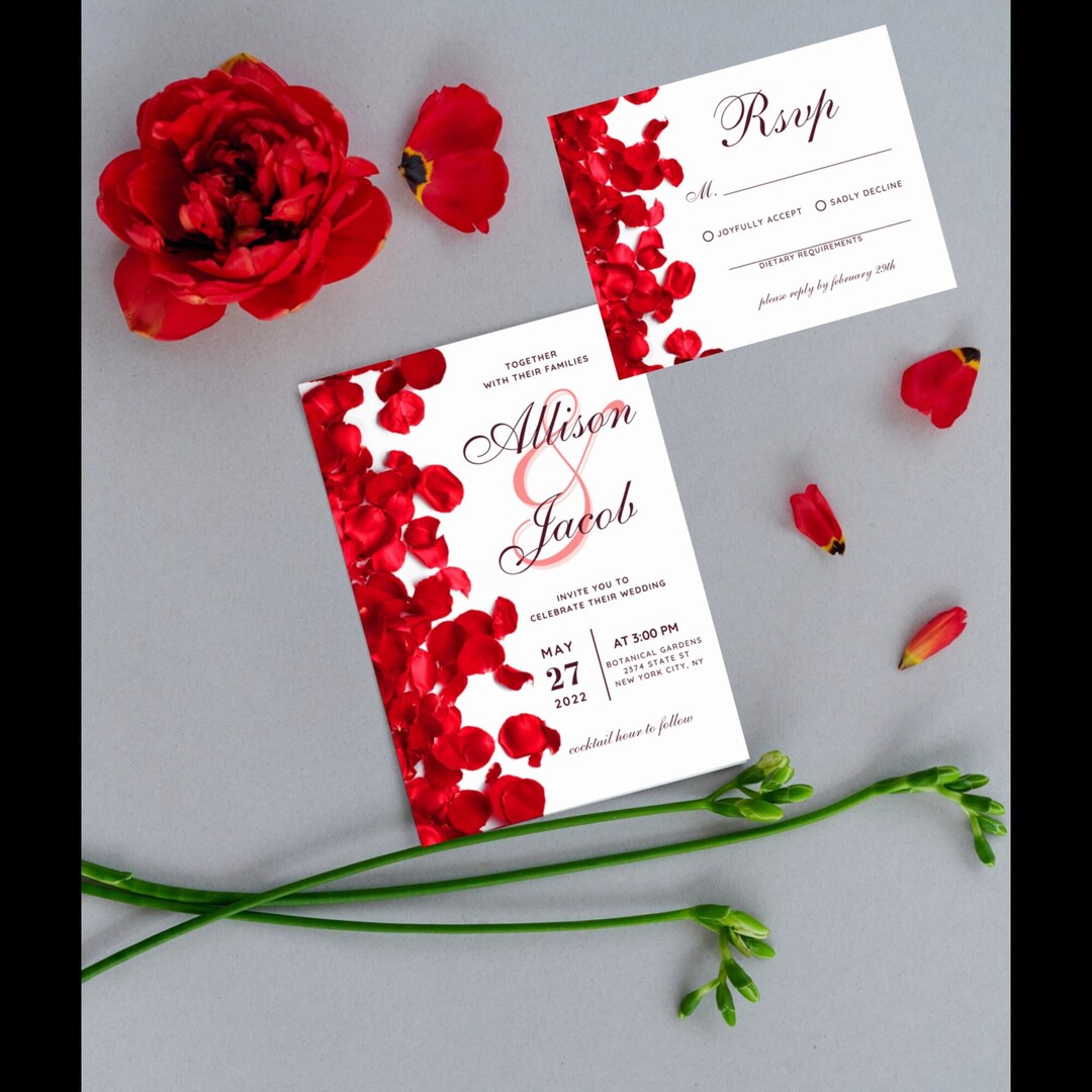 Red Rose Wedding Invitation Template Set, Romantic Invitation, Canva ...