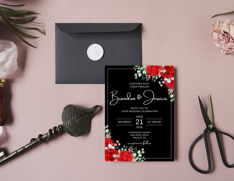 Black Red Rose Wedding Invitation Template Set, Romantic Invitation ...