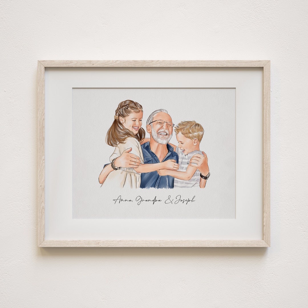 Personalized Grandfather Portrait, Hand-drawn Artwork, Custom Grandpa ...