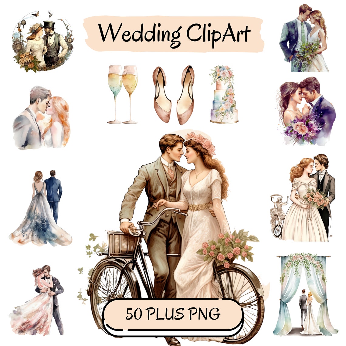 Watercolor Classic Wedding Clipart, Bride and Groom Clipart, Wedding ...