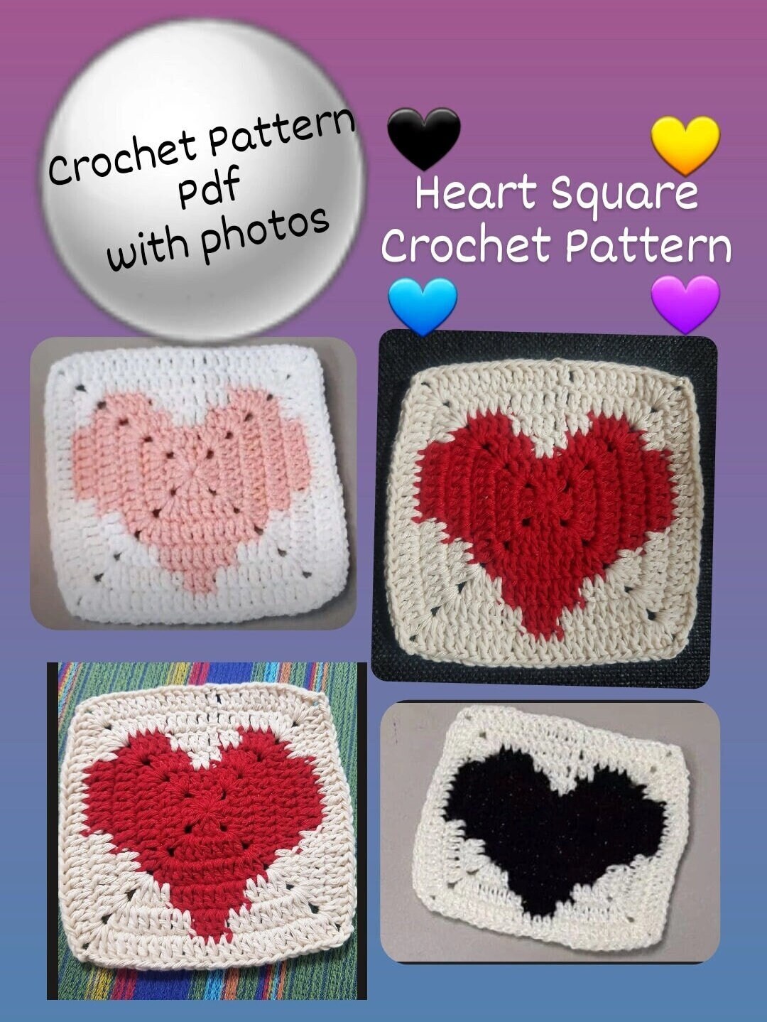 Heart Granny Square Crochet Pattern, Crochet Heart Motif, Crochet Heart ...