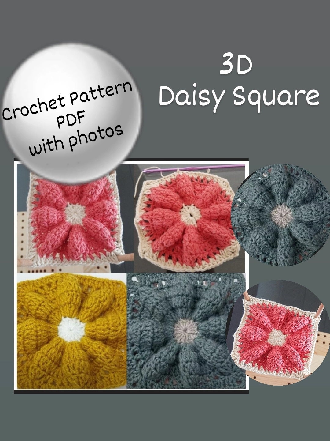 Crochet Daisy Square Pattern 3D , Daisy Flower Pattern, Crochet Flower ...