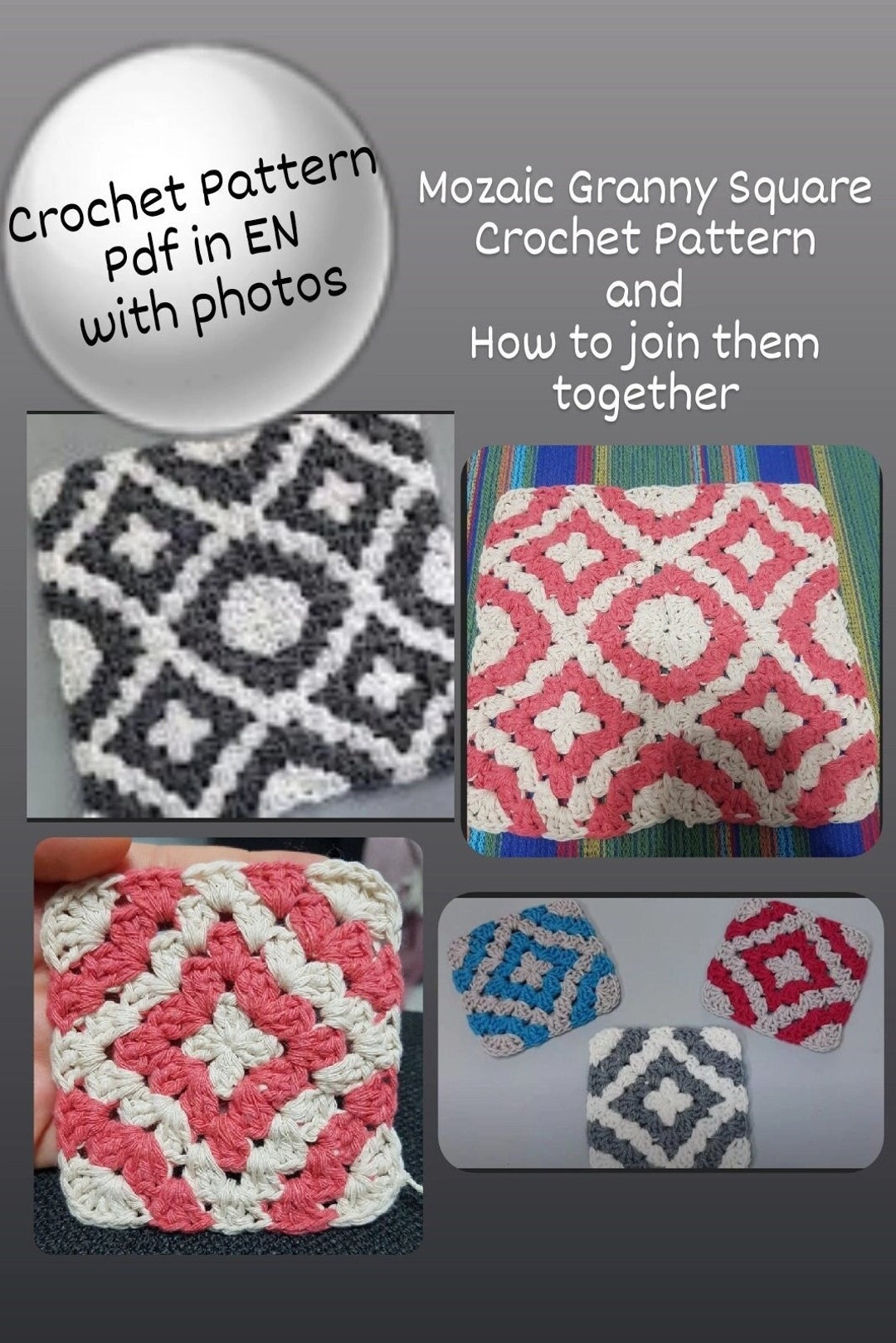 Mosaic Granny Square Crochet Pattern and Joining Way, Mosaic Crochet, Crochet Granny Square ...