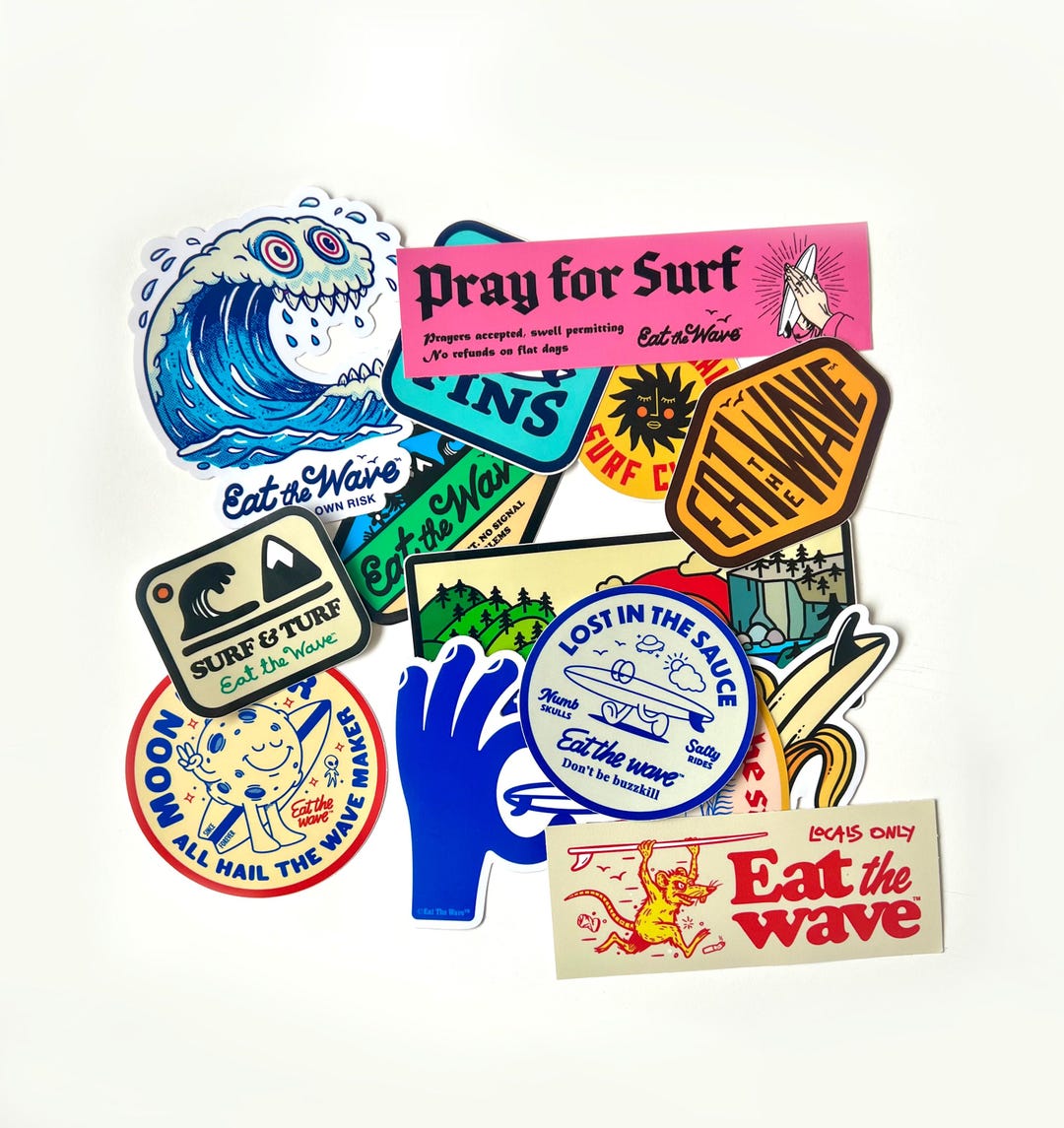 Retro Surf Sticker Pack – Waterproof Vinyl Decals, Beach Bundle (14pcs ...