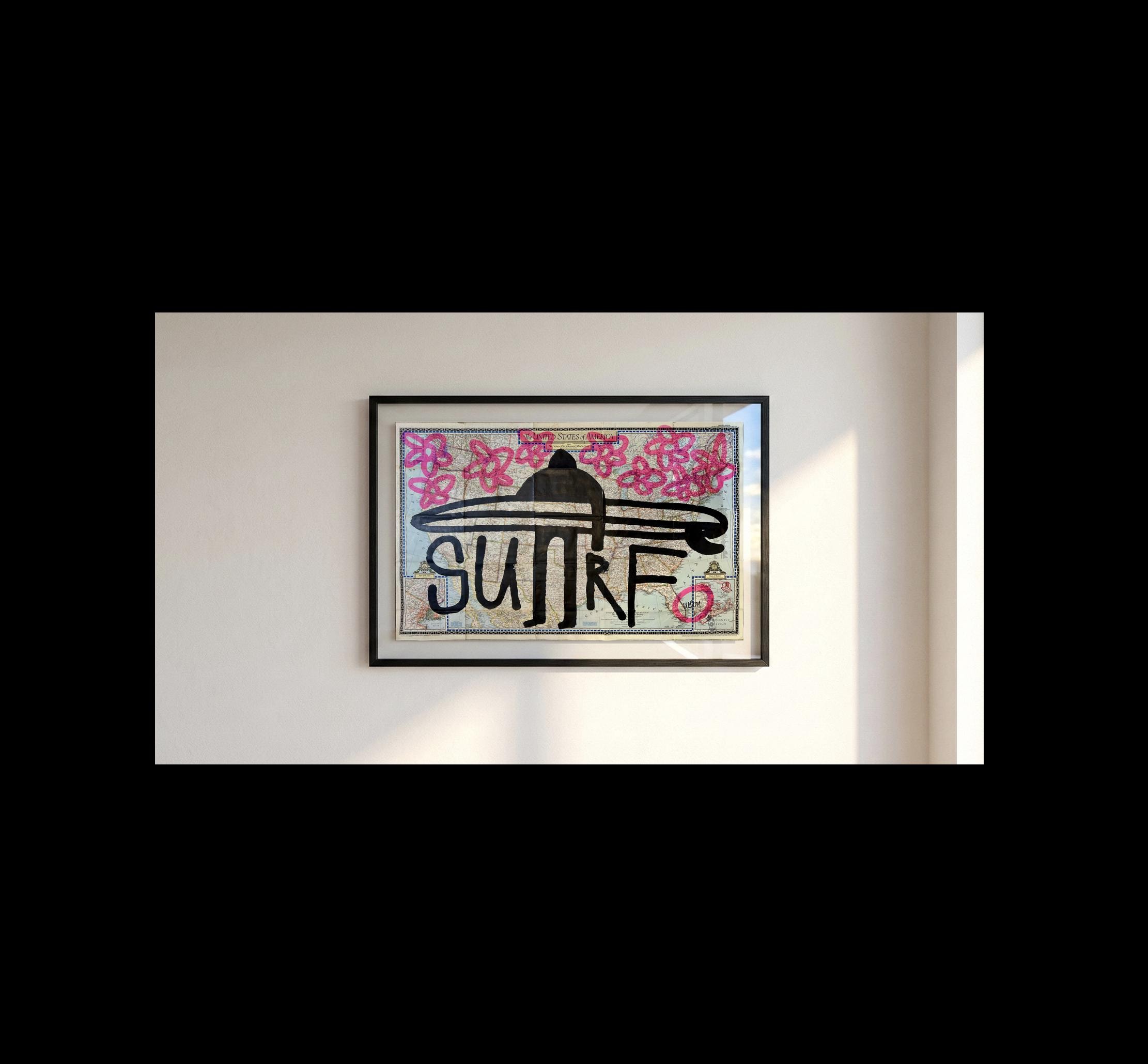 Original Surf Art on Vintage USA Map, Large Hand Painted Surfboard ...
