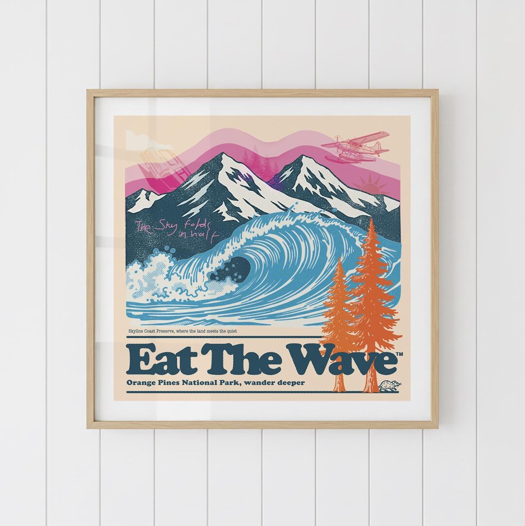 Surf Art Print, Mountain Wave Poster, Retro National Park Style, Eat ...