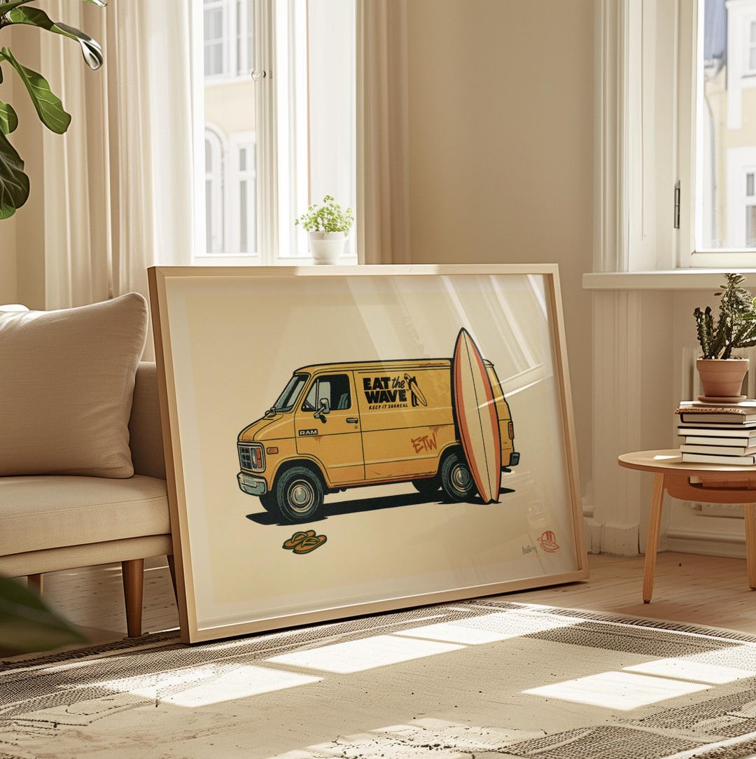 Retro Dodge Van Surf Art Print – Vintage Surfboard Poster, 70s Style Beach Wall Art, Classic Van ...