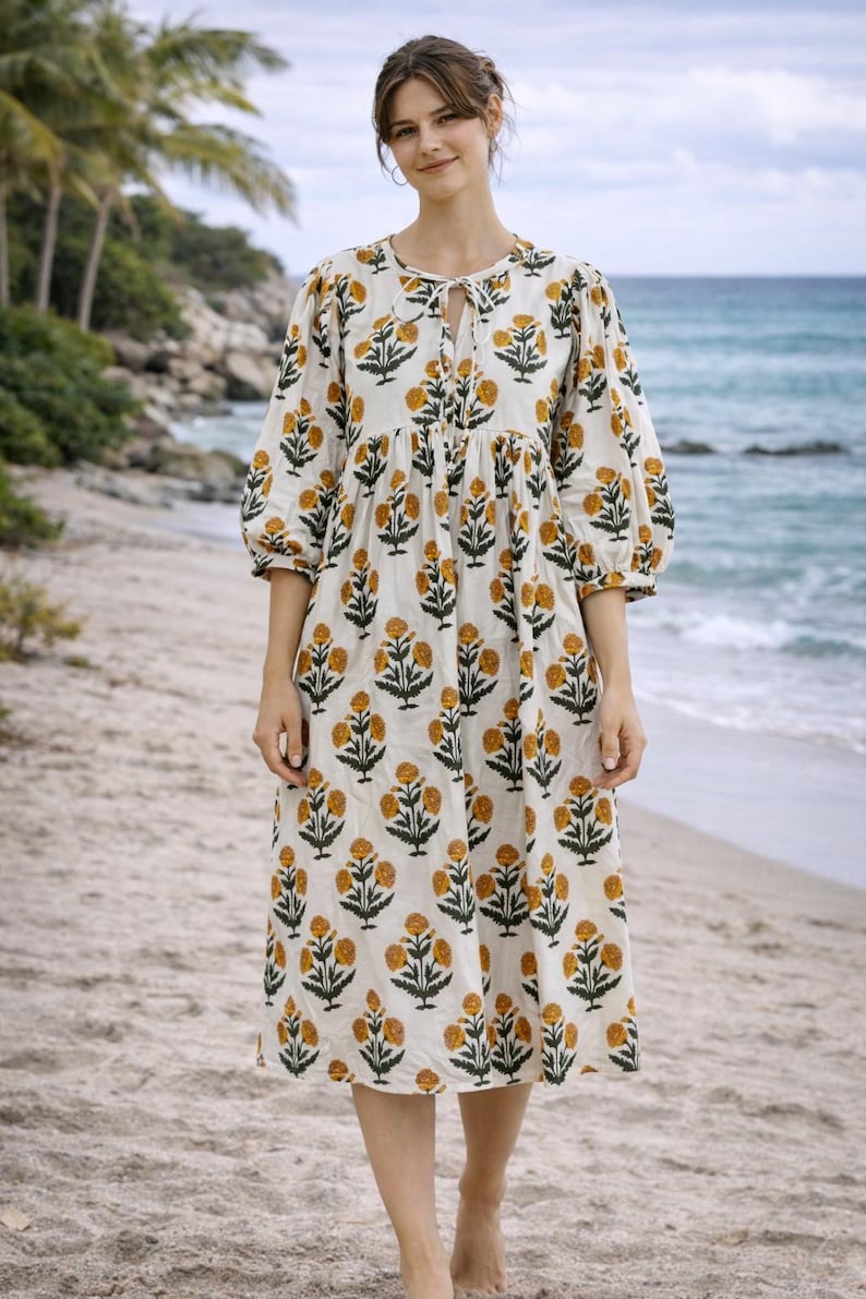 Floral Block Print Cotton Dress, Bohemian Midi Mini Dress - Etsy
