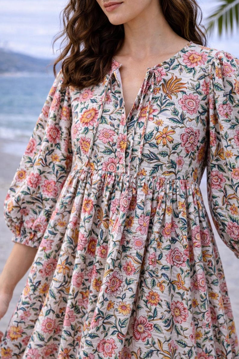 Floral Block Print Cotton Dress, Deep Neck, A-line Skirt - Etsy