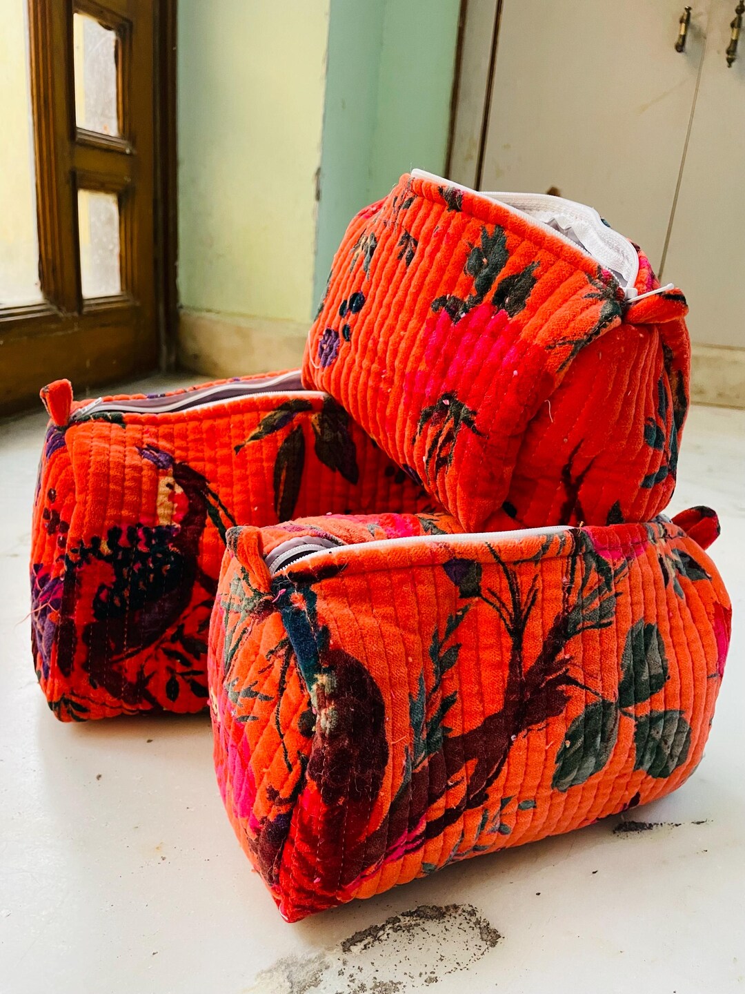 Velvet Quilted Makeup Bag Set | Block Printed Toiletry Organizer - Etsy